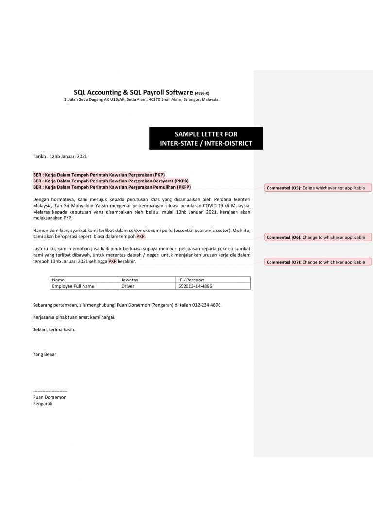 MCO 2021 Sample Letter | CMCO work letter employer | SQL Account