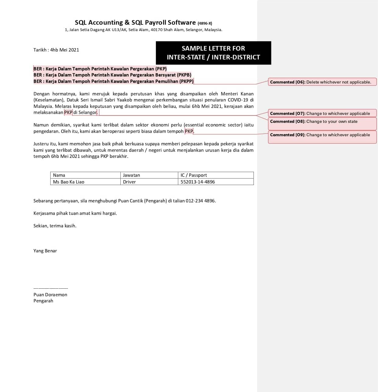 MCO 2021 Sample Letter | CMCO work letter employer | SQL Account